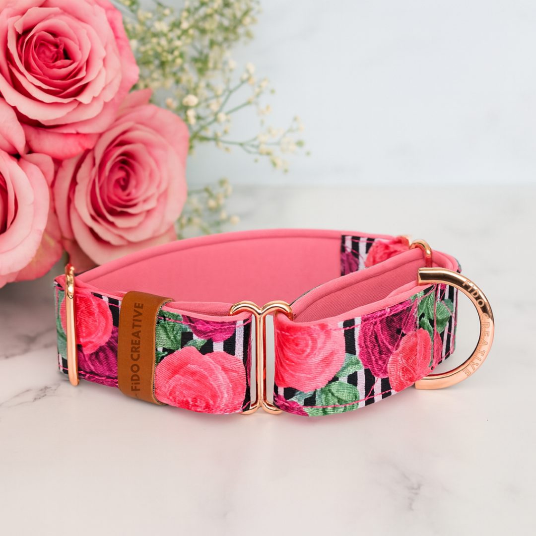 Rose Stripe Martingale Dog Collar – Floral Design with Soft Pink Paddi ...